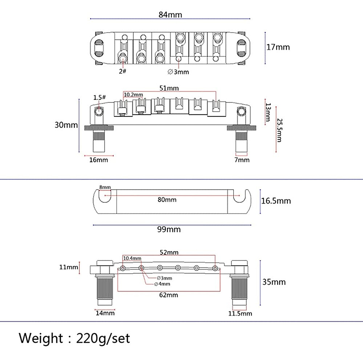 Roller Saddle Tune-o-matic Bridge Tailpiece with Studs Set Fit for ABR-1 Bridge Style Gibson Les Paul LP Electric Guitar Replacement, Chrome