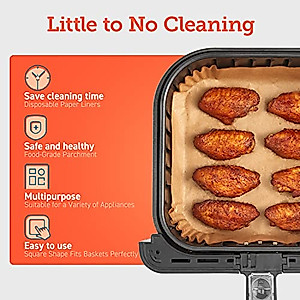 COSORI Air Fryer Liners, 100 PCS Square Disposable Paper Liners, Non-Stick Silicone Oil Coating, Little to No Cleaning, 6.5" Unbleached Food Grade, Resistant to 465°F, Thickened Not Easy to Break