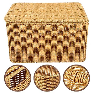 Happyyami Woven Storage Bin with Lid Poly-wicker Storage Basket Rectangular Household Basket Box Organizer for Shelf Wardrobe Home Organizing