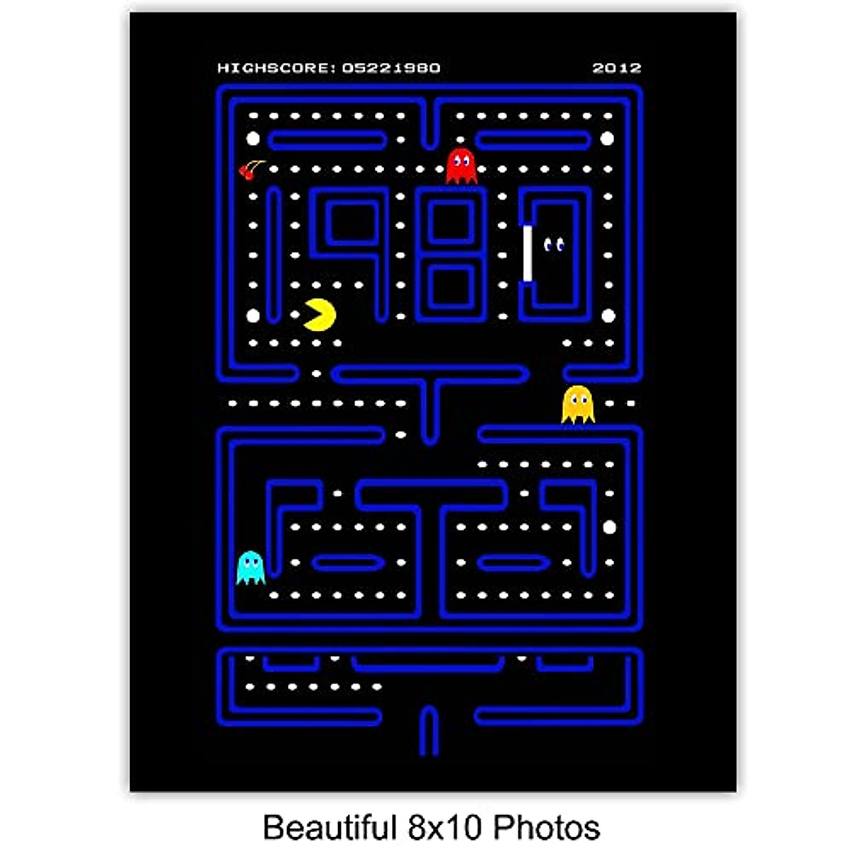 Classic Arcade Games - Arcade Decor - 8x10 Wall Art Prints Set for Man Cave, Den, Family Room, Bar, Bedroom - Gift for Gamers, Video Game, Atari, Pacman, Ms Pacman, Donkey Kong, Space Invaders Fans