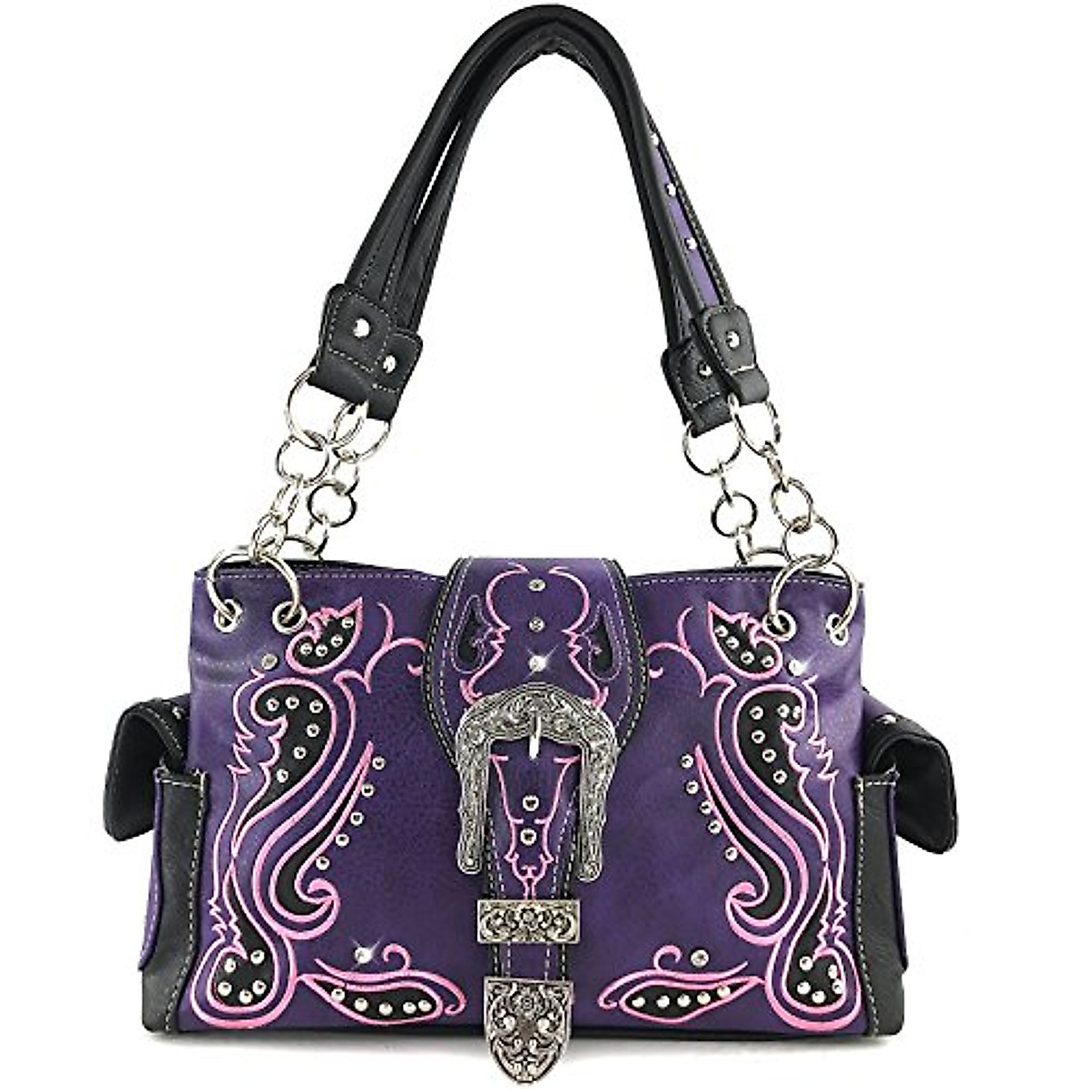 Justin West Concealed Carry Western Tritone Paisley Flower Buckle Embroidered Laser Cut Shoulder Handbag | Trifold Wallet (Purple Handbag & Wallet Set)