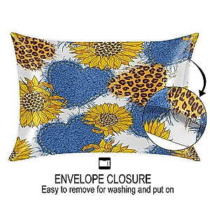 Denim Hearts Sunflower Satin Pillow Cases Silk Satin Pillowcase for Hair and Skin Standard Set of 2 Super Soft Silk Pillowcase with Envelope Closure (20x26 in)
