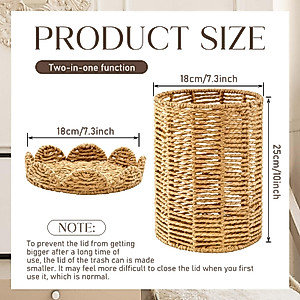 Small Wicker Trash Can 1.3 Gallons Woven Wicker Waste Basket for Bathroom with Lid Handle Boho Wicker Trash Basket with 100 Plastic Garbage Bags for Bedroom Office Laundry Storage(Scalloped Style)