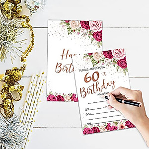 TFCIATE Rose Floral 60th Birthday Party Invitation Cards, 20 Double - Sided Fill-in Invitation with Envelopes, Blush Rose Gold 60 years old Party Favors Supplies for Adult, Women, Man - B013