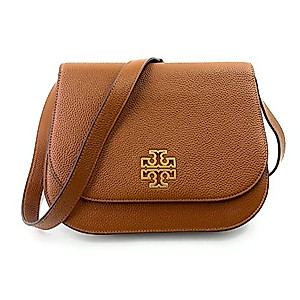 Tory Burch Britten Pebbled Leather Saddle Bag (Moose) With Gold Tone Hardware