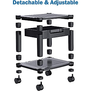 HUANUO Printer Stand - Under Desk Printer Stand with Cable Management & Storage Drawers, Height Adjustable Printer Desk with 4 Wheels & Lock Mechanism for Mini 3D Printer HNDPS