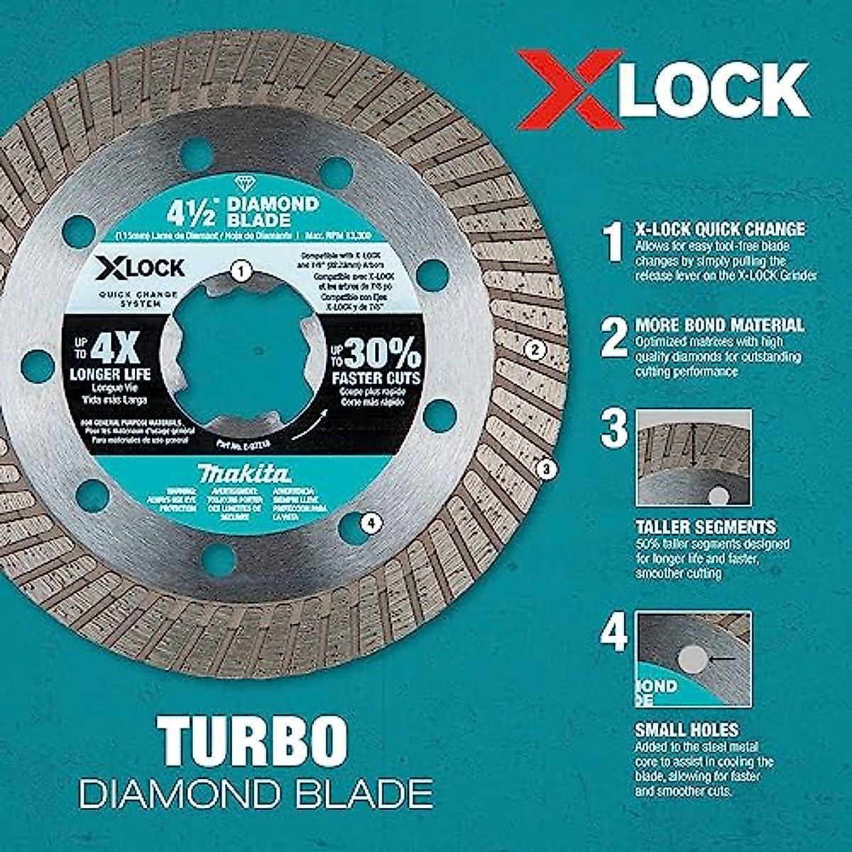 Makita E-07222 X-Lock 4-1/2" Turbo Rim Diamond Blade for Masonry Cutting, 2/pk