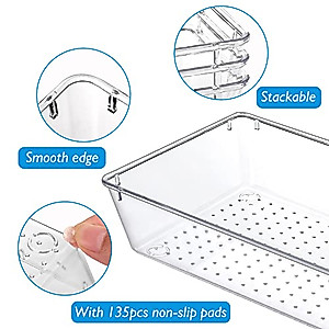 Fixwal 33 PCS Clear Drawer Organizer Set, 4-Size Plastic Drawer Organizers Trays Bathroom Organizers Dresser Storage Bins Separation Box for Makeup, Jewelries, Gadgets, Bathroom, Office, Bedroom.