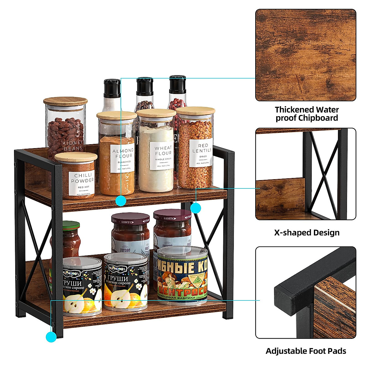 Giikin Countertop Shelf Organizer, 2 Tier Kitchen Spice Rack Organizer for Countertop, Wood Coffee Counter Shelf Organizer for Home (Rustic Brown)