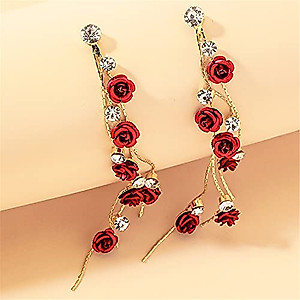 ANDPAI Unique Chic Long Tassel Chain Red Purple Rose Flower Dangle Drop Stud Earrings with White Sparkly Crystal for Women Statement Jewelry Gifts (Red)