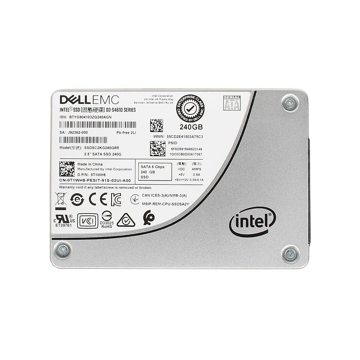 Dell T1WH8 Intel D3 S4610 240GB SATA 6GB/s 2.5'' SSD Solid State Drive (Renewed)