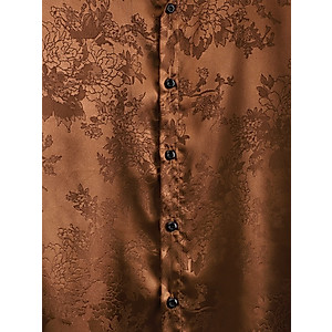 Floerns Men's Floral Jacquard Short Sleeve Button Front Satin Shirt Blouse Top Brown XL