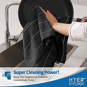 Microfiber Kitchen Towels - Super Absorbent, Soft and Thick Dish Hand Towels, 8 Pack (Stripe Designed Black Colors), 26 x 18 Inch