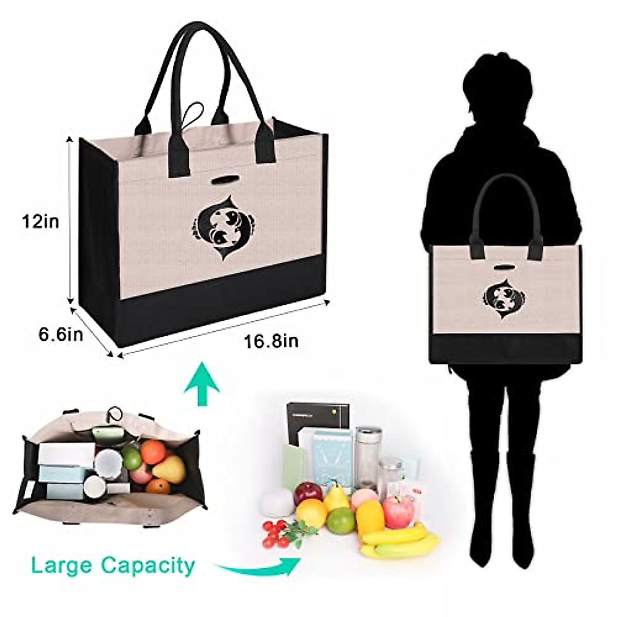 Aricsen Reusable Personalized Jute Gift Canvas Tote Bag for Women Handbags with Handles, Friends Mother Sister Daughter Birthday, Travel Bridesmaid Beach Grocery Shopping (Pisces, Large)