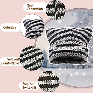 Cat Ear Beanie for Women Knitted Crochet Fox Hat with Striped Winter Cap Y2K Accessories Grunge Goth Slouchy Beanies Black