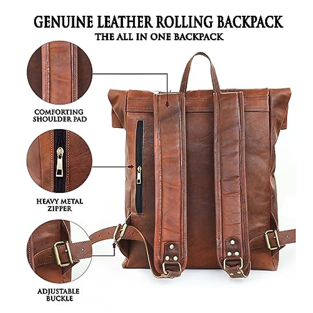 ANUENT Roll Top Leather Backpack for Men and Women Vintage Brown Large Laptop and Travel Bag Best Rucksack for Work, Adventure, and Business Leather Bookbag