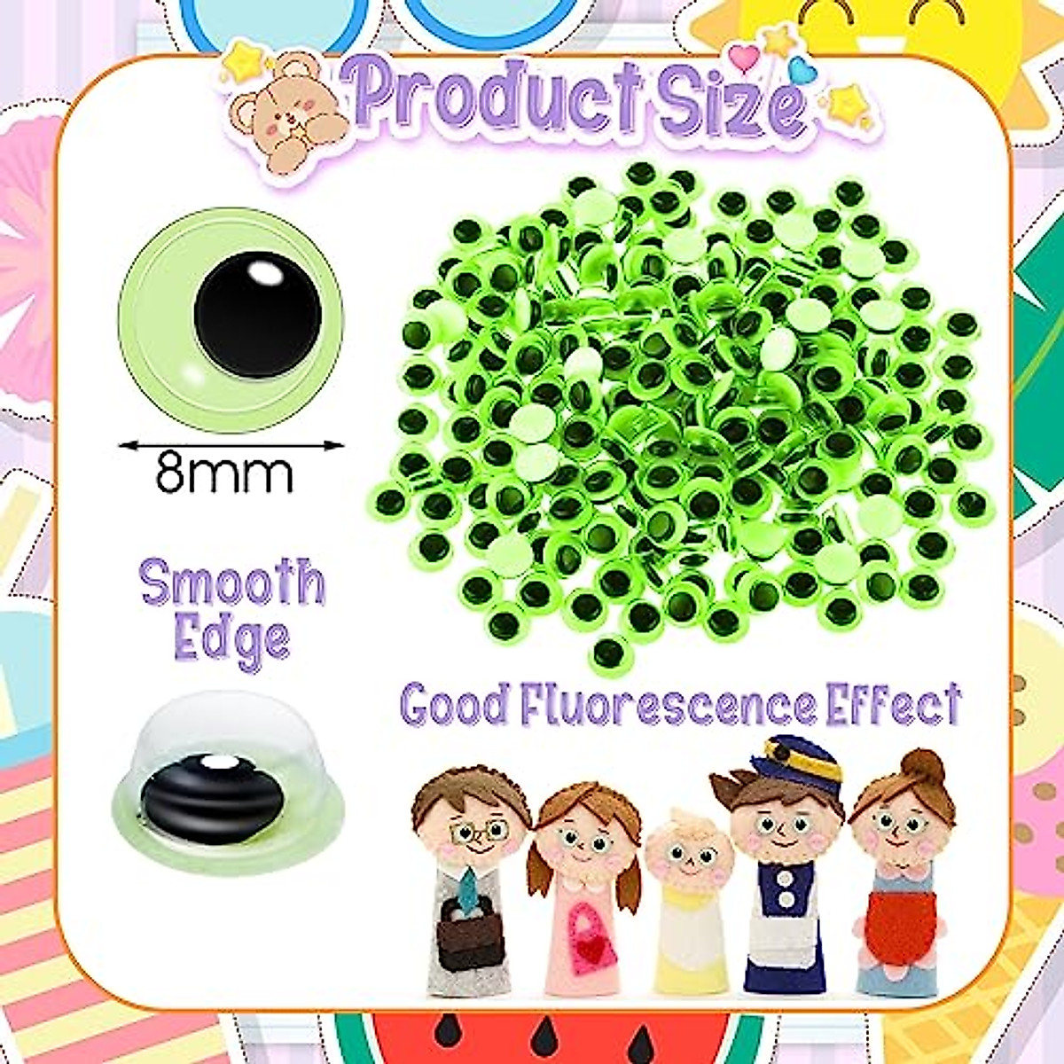 300 Pcs Wiggle Googly Eyes Glow in The Dark Sticky Googly Eyes Self Adhesive Googly Wiggle Eyes Suitable for DIY Crafts, Halloween Activities (8mm)