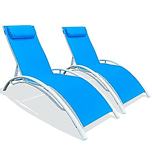 Patio Lounge Chairs Set Outdoor Chaise Lounge Recliner,Tanning Chairs for Outside,Adjustable Chaise Lounge with 2 Pillows for Beach Pool Poolside Yard,2 Pcs,Blue