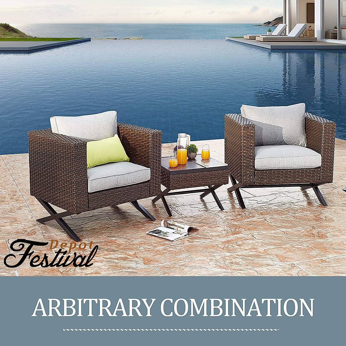 Festival Depot Patio Side Coffee Table Outdoor Bistro Dining Furniture with Wood Grain Top, Wicker Rattan and X Shaped Metal Steel Legs (Brown)