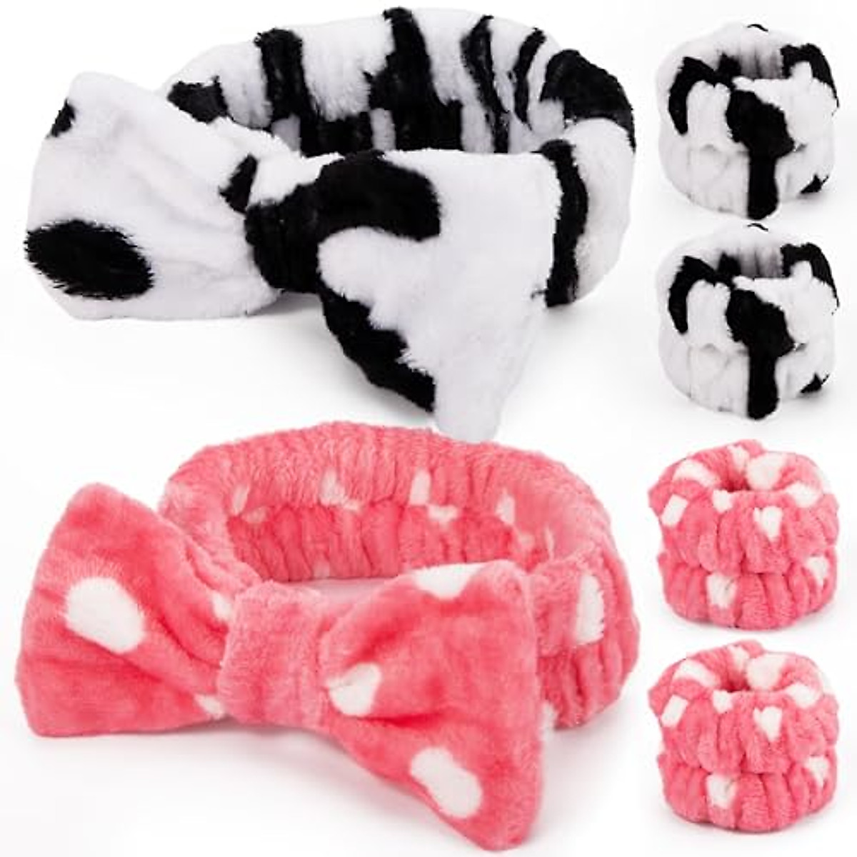 Shindel 6PCS Makeup Headband Set, Bow Hair Bands with Wristbands Coral Fleece Face Wash Headbands for Women Spa Makeup Shower Skin Care Yoga