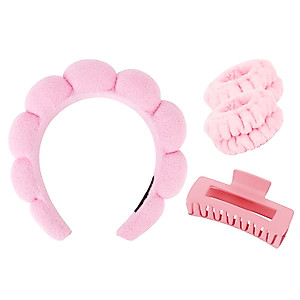 Wecoe Spa Headband Set - Skincare Headband, Hair Clips, Pink Puffy Makeup Headband, Scrunchies, and Wrist Towels For Women and Girls