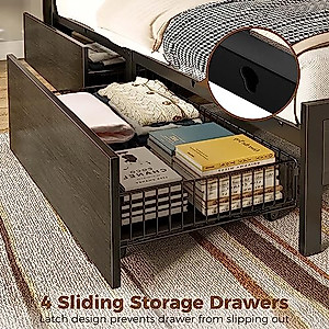 Rolanstar Queen Bed Frame with Storage Headboard, Metal Platform Bed with Charging Station, LED Bed Frame with 4 Drawers, Bookcase Storage, No Box Spring Needed, Easy Assembly, Noise-Free, Black