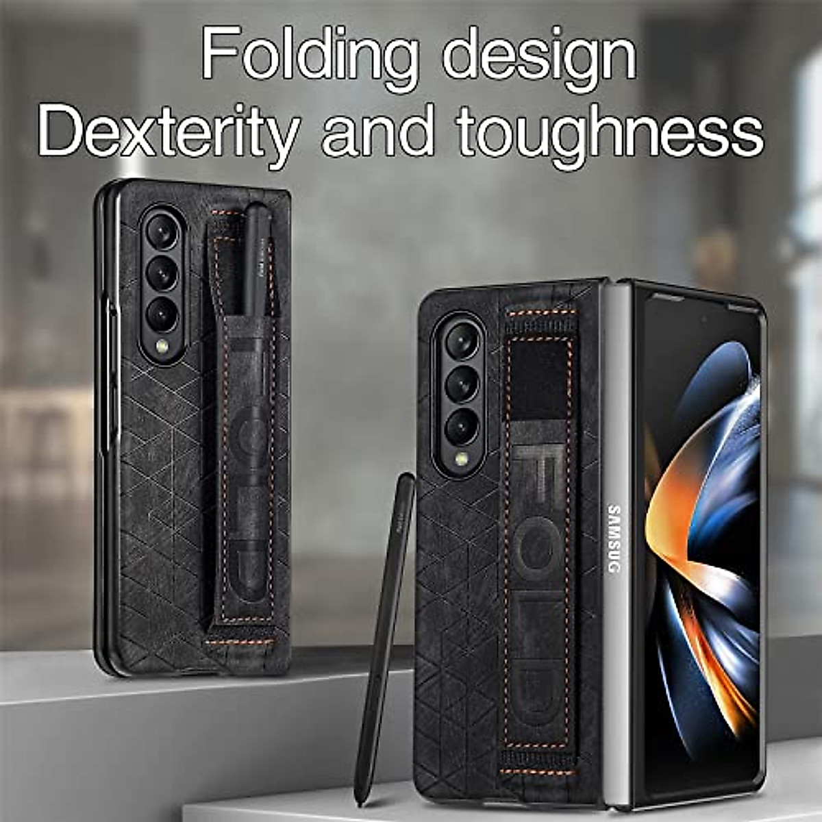 Omio Designed for Samsung Galaxy Z Fold 3 Leather Case with S Pen Holder & Strap, Wrist Strap Leather Back Cover Case Hard PC Shockproof Finger Grip Case for Galaxy Z Fold 3 Men Women Girls, Black