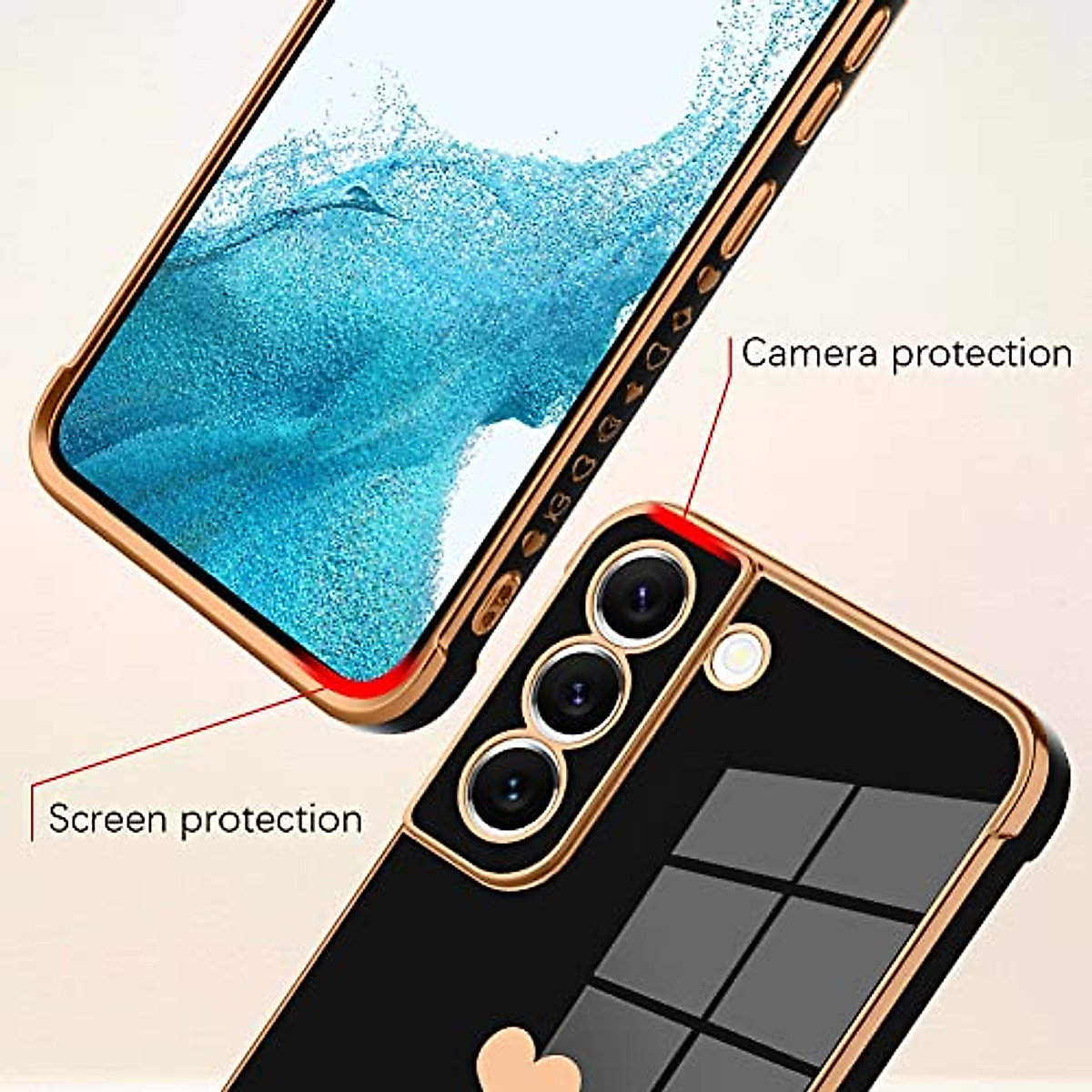 Bonoma Compatible with Samsung Galaxy S22 5G Case Love Heart Plating Electroplate Luxury Elegant Case Camera Protector Soft TPU Shockproof Protective Corner Back Cover Galaxy S22 5G Case -Black