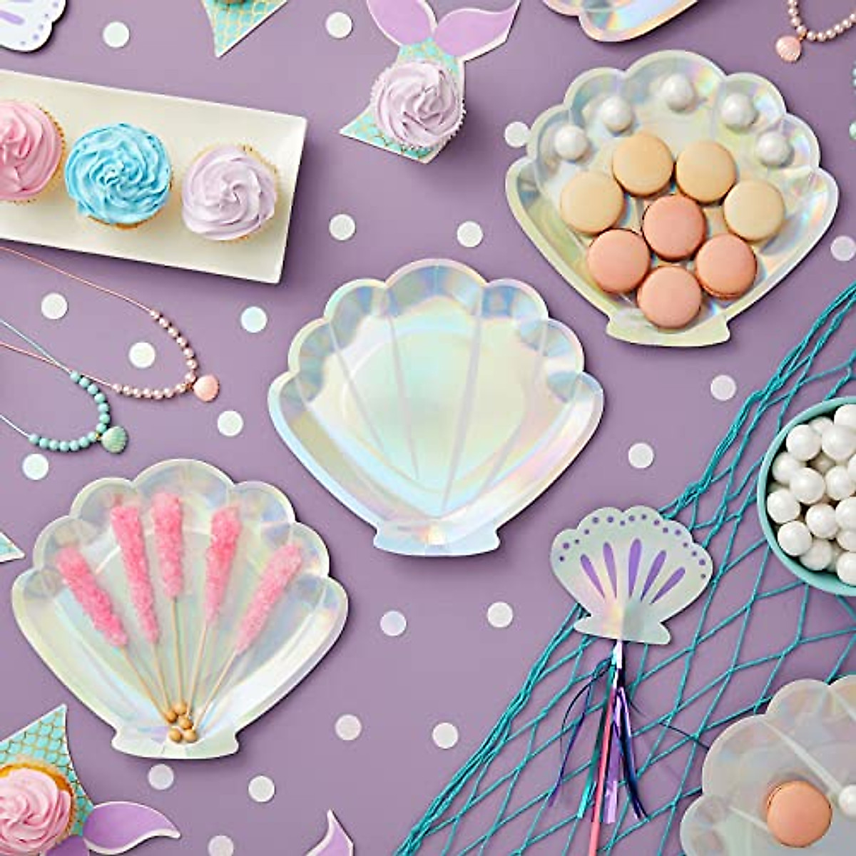 Sparkle and Bash 48 Pack Holographic Seashell Paper Plates for Girls Mermaid Birthday Party Supplies - 9 Inch Silver Foil Sea Shell Plates
