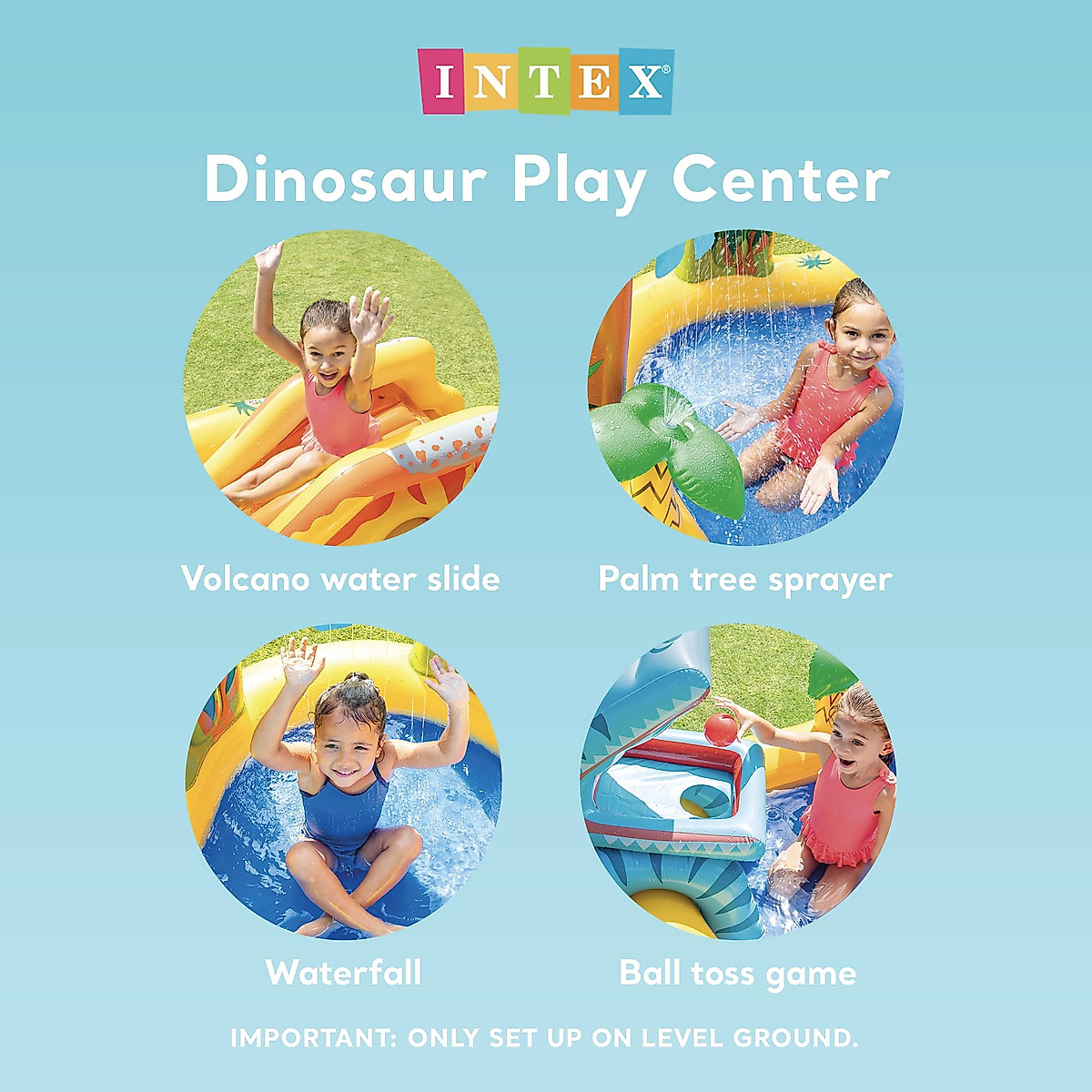 Intex Dinoland Play Center Kiddie Inflatable Pool and Dinosaur Water Splash Swimming Pool with Water Sprayers, Waterfalls, Slides, and Games