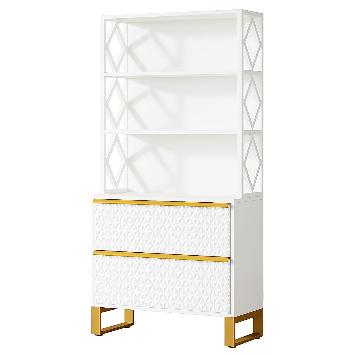 Tribesigns 4-Tier Bookshelf with 2 Drawers, 71" Tall White and Gold Bookshelf with Open Shelves & Drawer, Modern Bookcase Display Book Shelf Organizer for Bedroom, Living Room, Home Office
