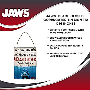 JAWS "Beach Closed" Corrugated Tin Sign Hanging Wall Art | Steven Spielberg Classic Movie Gifts and Collectibles | 12 x 16 Inches