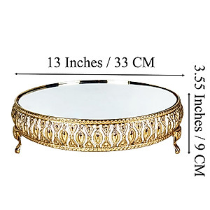 13 Inches 33cm Gold Round Mirror Cake Stand Cupcake Stands Metal Pedestal Holder with Crystals, Party Dessert Cheese Display Plate for Wedding Party Birthday Baby Shower Celebration Home Decoration