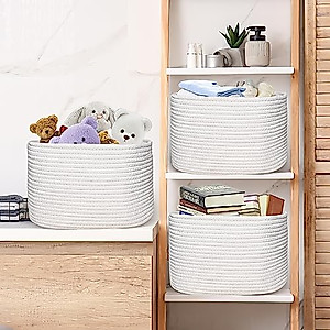 Andhuhu Storage Basket Set of 3, Soft Woven Basket 13"x8.66"x7.87", Blanket Basket Living Room Towel Basket, Cotton Rope Basket With Handles, Cloth Storage Bins for Organizing Nursery Toys, White