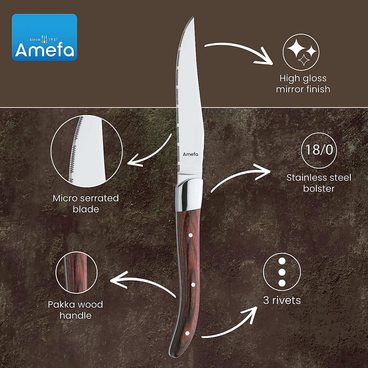 Amefa Royal Steak Knives, Set of 6, Premium Hardened Stainless Steel, Triple Rivet Pakka Wood Ergonomic Handle Design, Serrated Edge 4 Inch Blade Steak Knife, Dishwasher Safe.