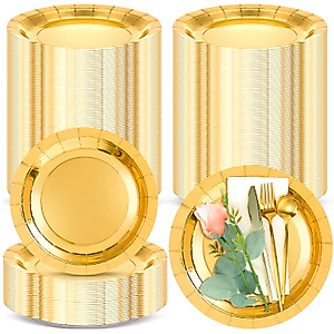 96 Pcs Disposable Gold Round Charger Plates 13 Inch Charger Dishes for Dinner Heavy Duty Golden Dessert Plates Disposable Party Serving Tray Food Paper Plates for Table Setting Wedding Birthday