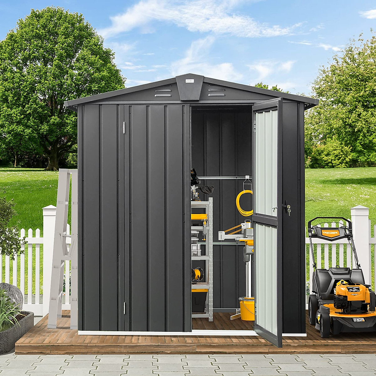 Domi Outdoor Storage Shed 5.7'x 3', Metal Garden Shed for Bike, Trash Can, Tools, Lawn Mowers, Pool Toys, Galvanized Steel Outdoor Storage Cabinet with Lockable Door for Backyard, Patio, Lawn