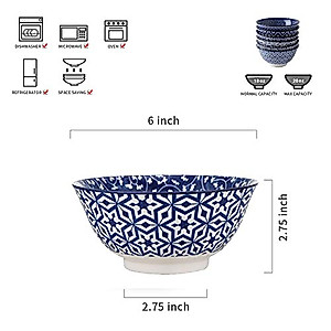 Selamica Blue and White Porcelain 20oz Cereal Bowl Set - Set of 6, 6 inch Soup Bowls, Ceramic bowls for Cereal, Soup, Salad and Pasta, Vintage Blue, Gift Pack