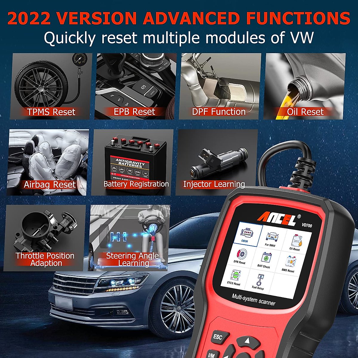 ANCEL VD700 with ANCEL Protective Case Storage Bag All System OBD2 Scanner with 8 Special Functions Fit for VAG Vehicles Diagnosis Code Reader