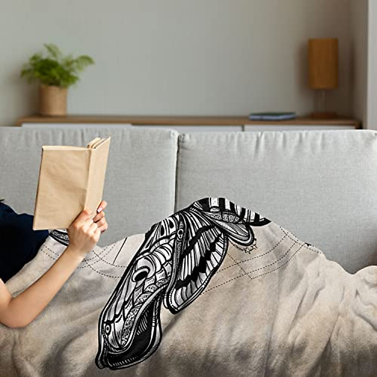 Ambesonne Fantasy Throw Blanket, Dead Head Hawk Moth Luna and Stone Magic Skull Illustration, Flannel Fleece Accent Piece Soft Couch Cover for Adults, 50" x 70", Black Beige