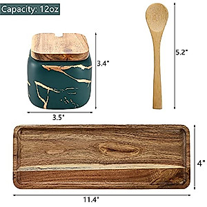 Dicunoy Ceramic Salt and Sugar Container, Condiment Jars with Lids and Spoons, Marble Seasoning Spice Pots Bowl, Pepper Sellar with Wooden Tray for Serving, Counter, Home, Kitchen