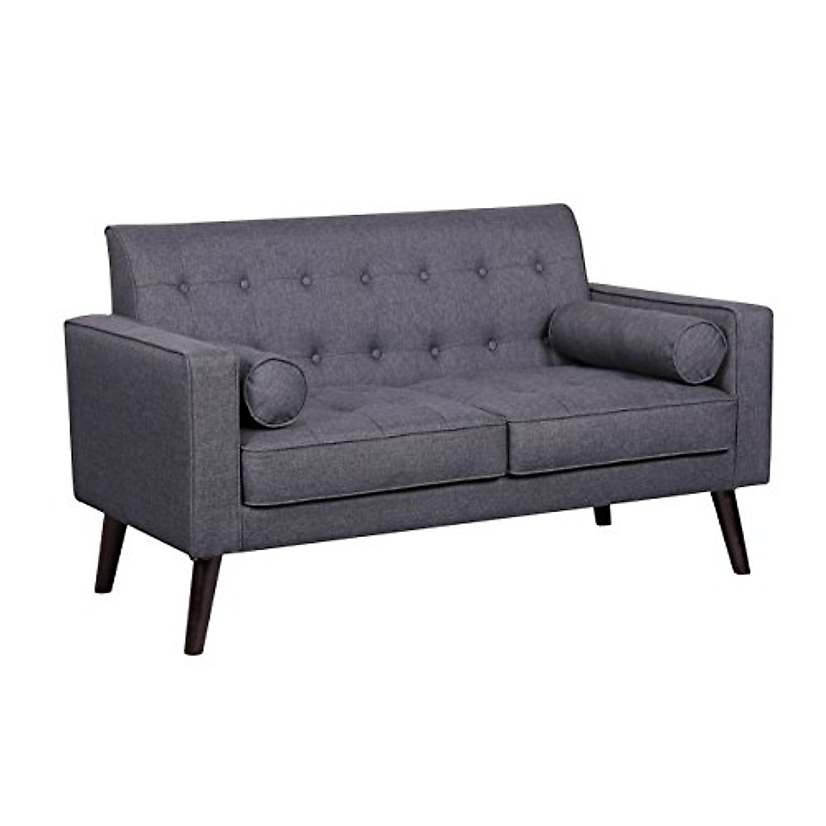 Container Furniture Direct Valadez Linen Upholstered Tufted Mid-Century Modern Loveseat with Bolsters, Dark Grey