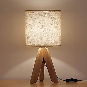 HAITRAL Small Bedside Table Lamp - Wooden Tripod Nightstand Lamp for Bedroom, Living Room, Office, Home with Fabric Linen Shade - 13.4 Inches (Without Bulb)