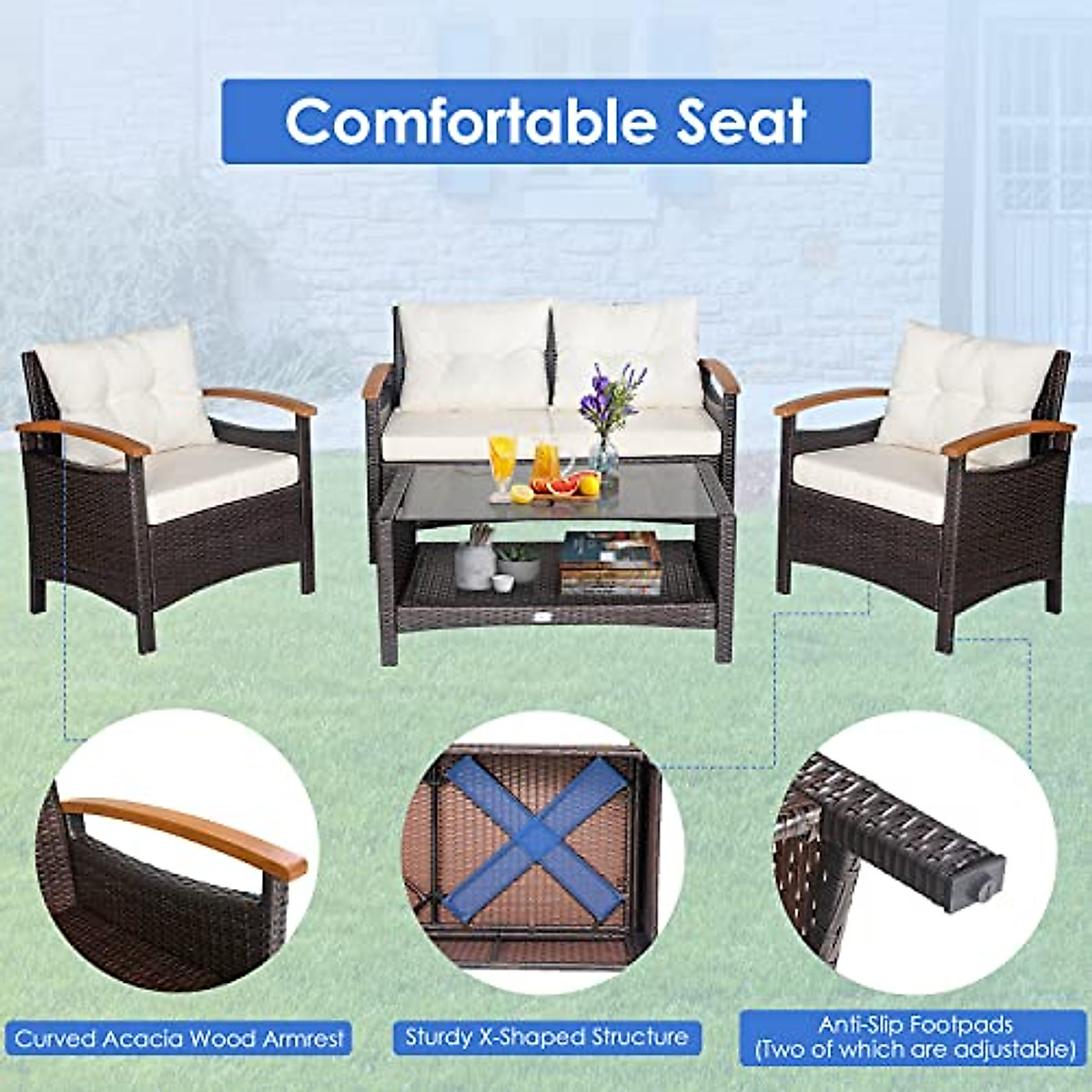 HAPPYGRILL 4 Piece Patio Conversation Set Rattan Sectional Sofa Set with Soft Cushions and Coffee Table, Outdoor Wicker Furniture Set with Acacia Wood Armrests, Perfect for Poolside, Garden, Backyard