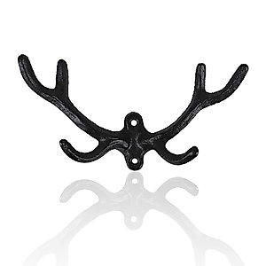 NA 30GO Vintage Cast Iron Deer Antlers Wall Hooks Antler Decorative Hanger w/Screws | Hook for Coats, Hats, Scarves, Keys | Rustic Farmhouse Style Home Decor (Black)
