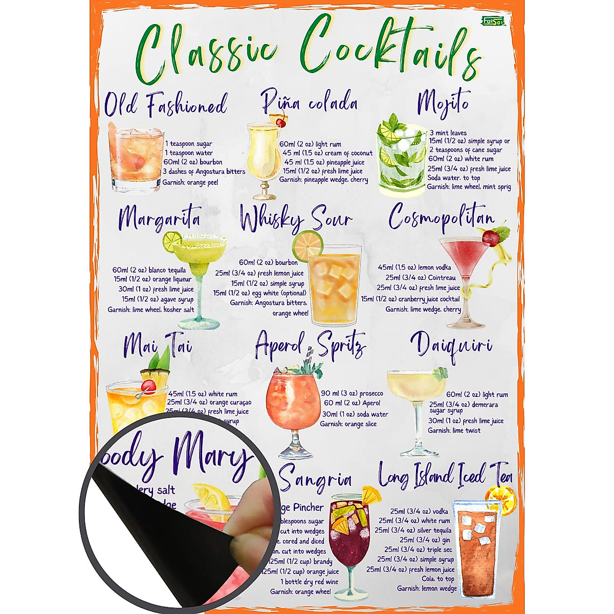 Classic Cocktails Recipes Magnetic Chart A4 format - Kitchen Pub Wall And Fridge Decor Stylish Colourful Informative Magnet Milliliters and Ounces Measurement Units