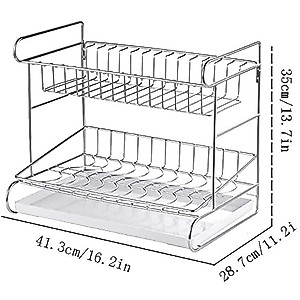 Plate Rack Draining Dish Rack 2 Tier Dish rack 304 Stainless Steel Dish Drainer Rack Holder Dish Drying Rack with Removable Draining Pan Plate Holder