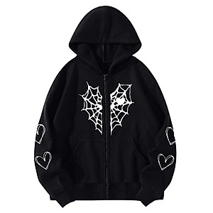 Y2K Hoodies for Women Full Zip Up Print Graphic Pockets Hooded Jacket 90s Long Sleeve Sweatshirt with Hood Grunge Harajuku Streetwear Punk Goth Fall Halloween windbreaker Spider Web Heart Black