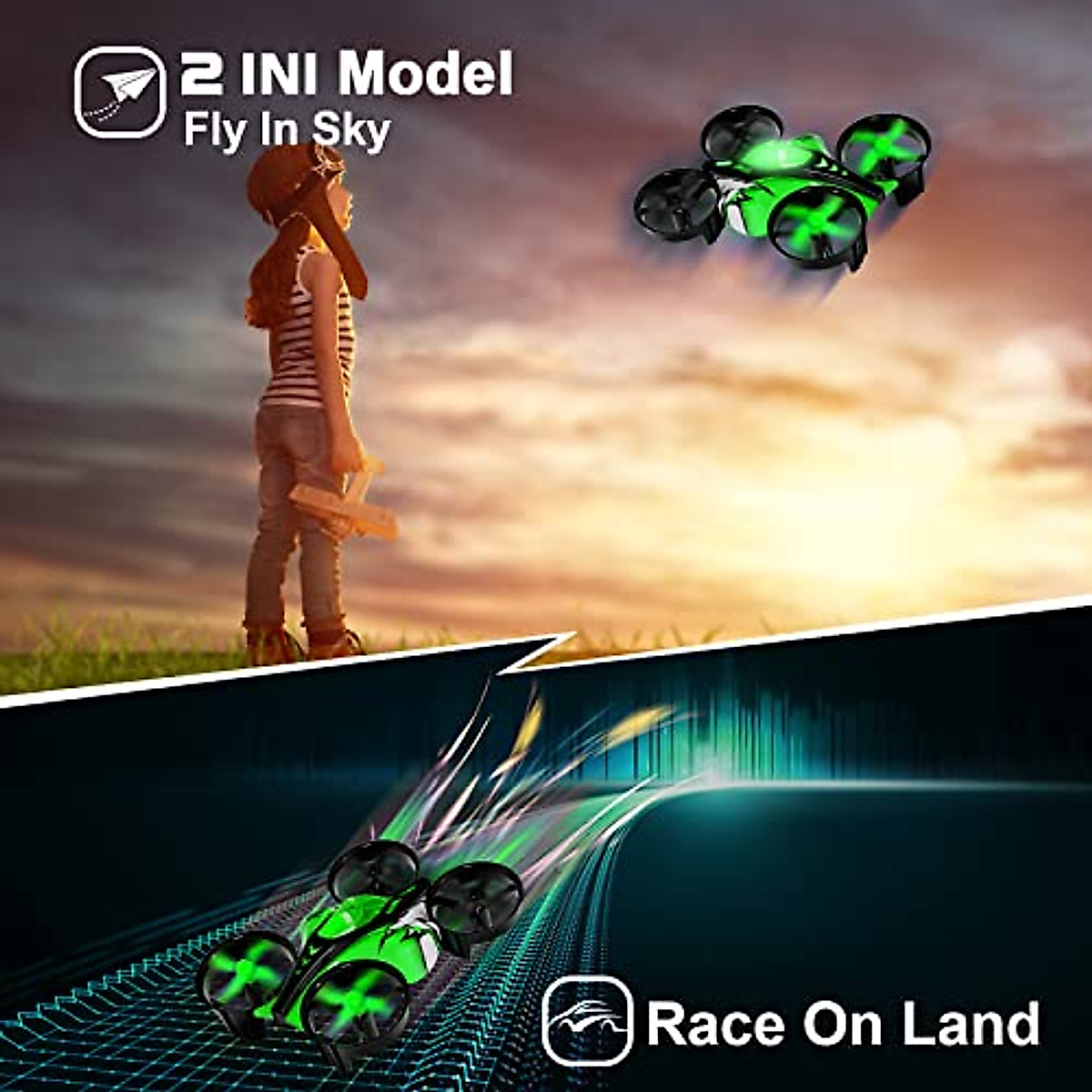 UNTEI 2 In 1 Mini Drone for Kids Remote Control Drone with Land Mode or Fly Mode, LED Lights,Auto Hovering, 3D Flip,Headless Mode and 3 Batteries,Toys Gifts for Boys Girls (Green)