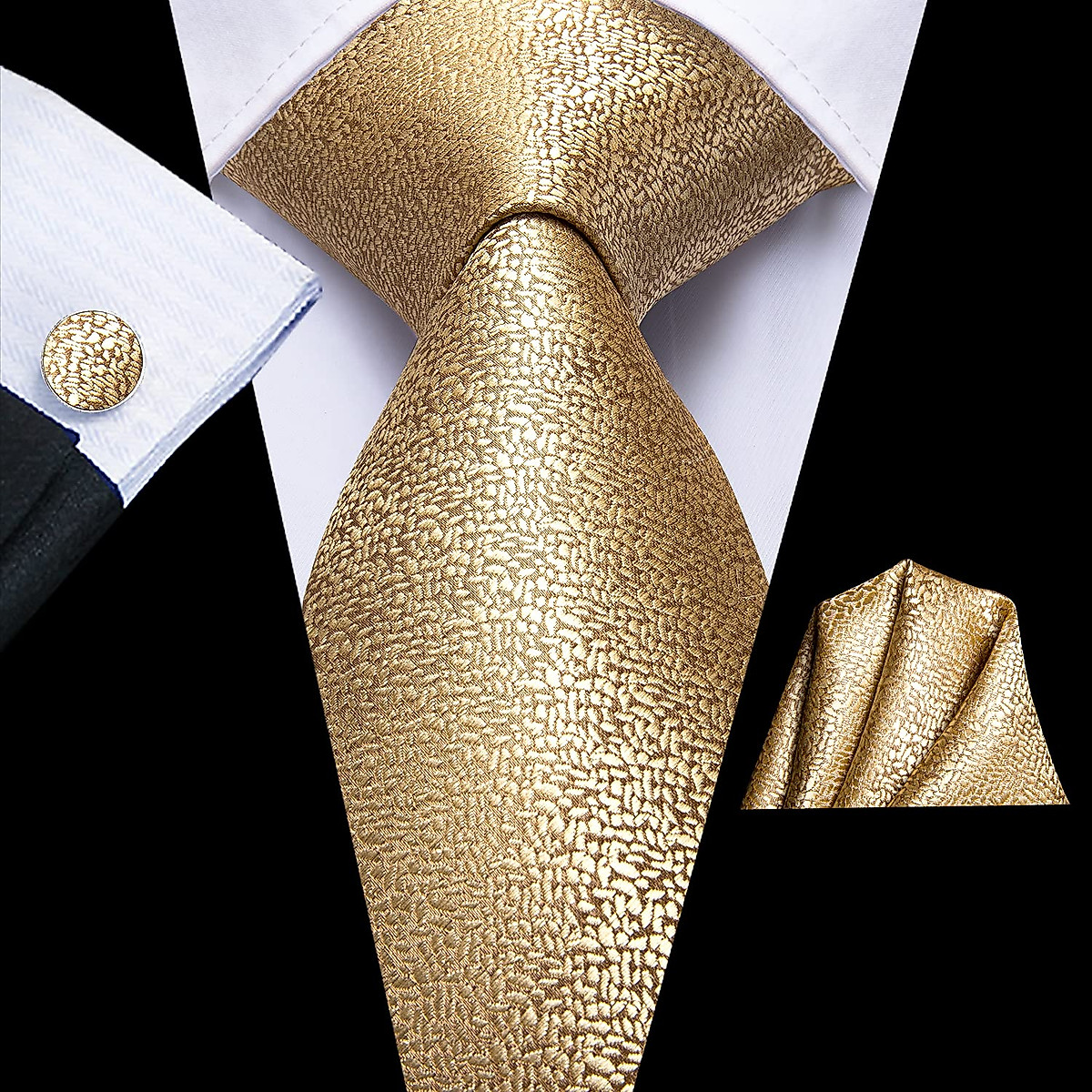 Dubulle Solid Color Mens Gold Necktie with Handkerchief Cufflinks Gold Ties Set for Men and Pocket Square Suit Ties Wedding